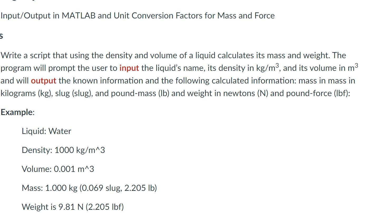 Solved Input/Output in MATLAB and Unit Conversion Factors | Chegg.com
