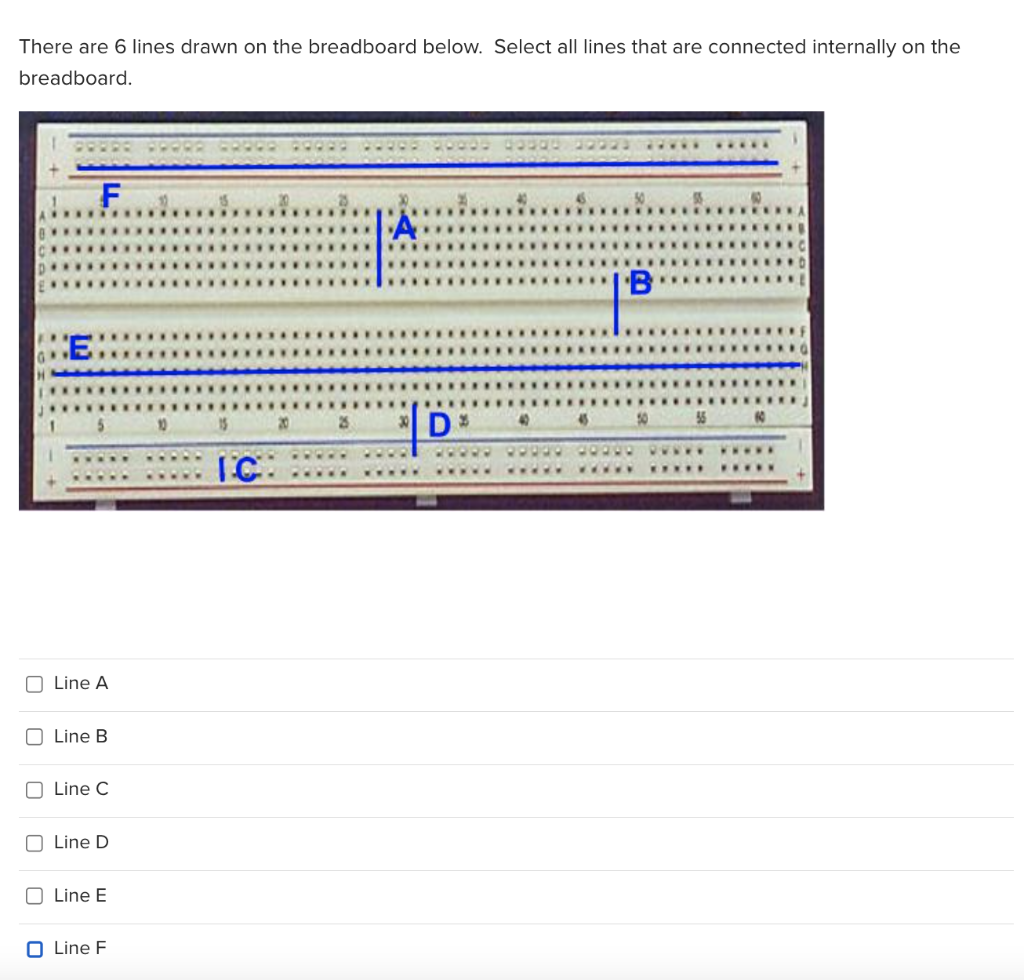 Solved There are 6 lines drawn on the breadboard below. | Chegg.com