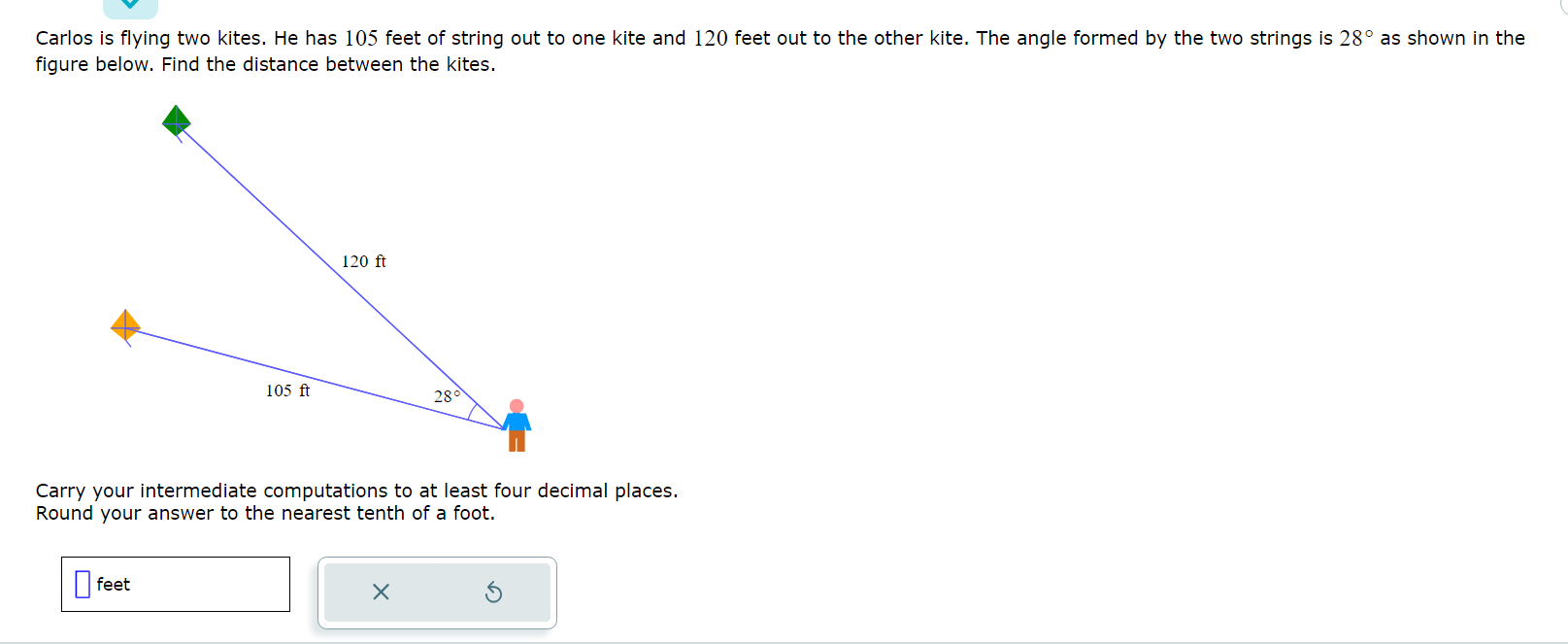 Solved Carlos is flying two kites. He has 105 feet of string | Chegg.com