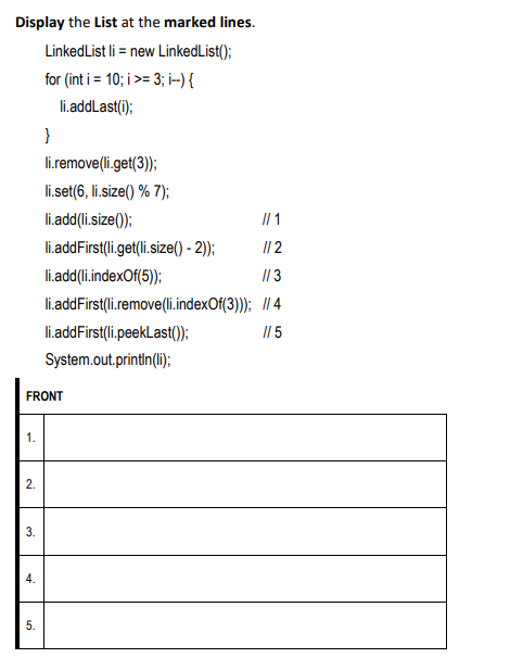 Solved Display the List at the marked lines. LinkedList li = | Chegg.com