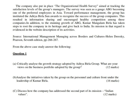 Solved Aditya Birla Group: Global Vision-Indian Values In | Chegg.com