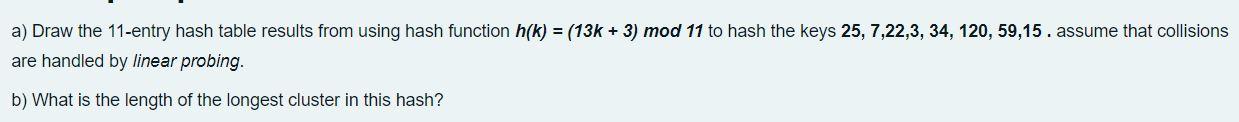 Solved A Draw The 11 Entry Hash Table Results From Using 