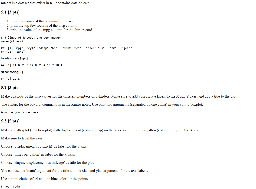 Solved mtcars is a dataset that exists in R. It contains | Chegg.com