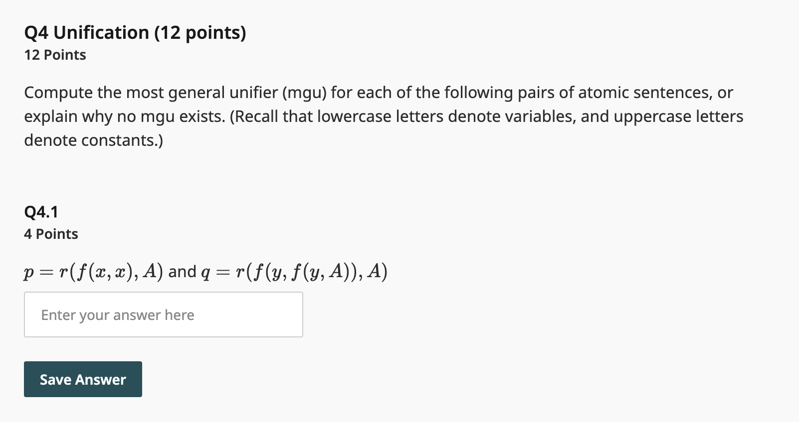 Solved Q4 Unification (12 points) 12 Points Compute the most | Chegg.com