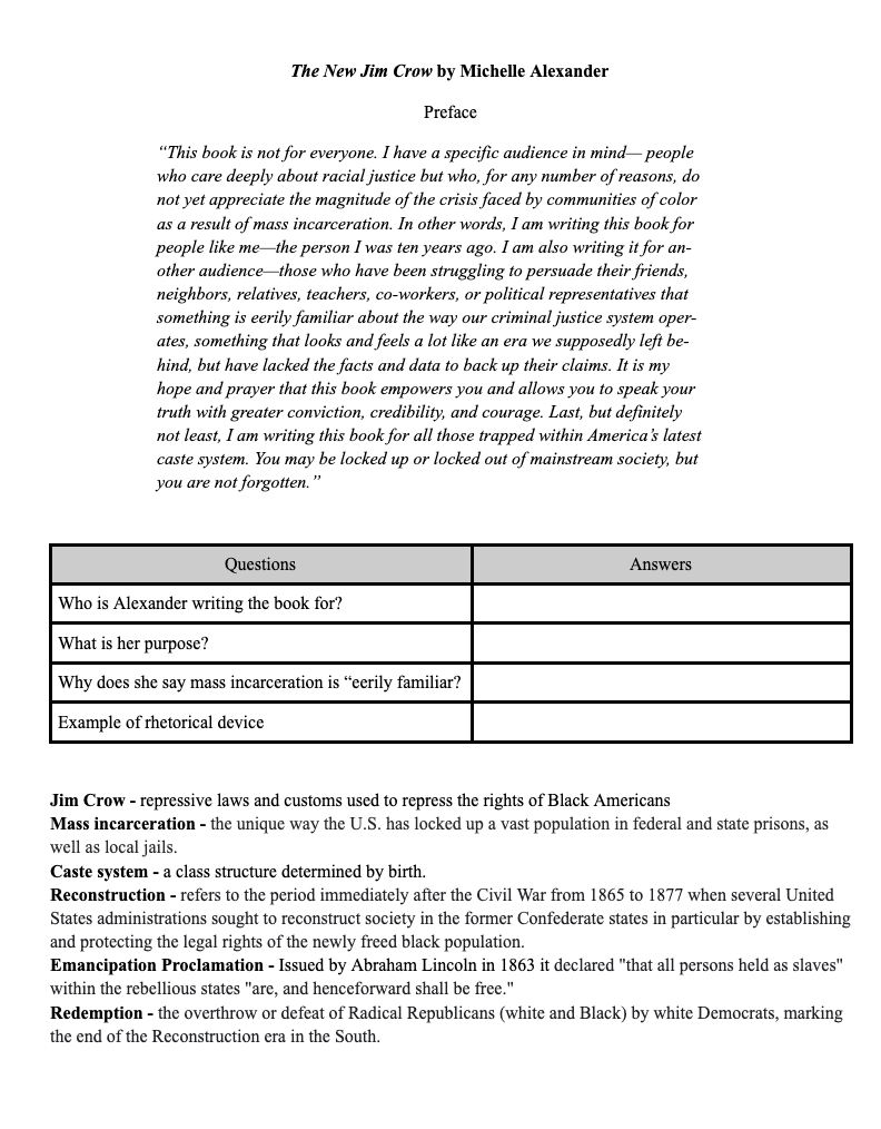 Solved The New Jim Crow by Michelle Alexander Preface "This | Chegg.com