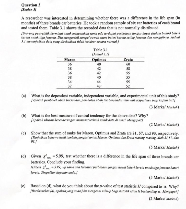 Solved Question 3 [Soalan 3] A researcher was interested in | Chegg.com