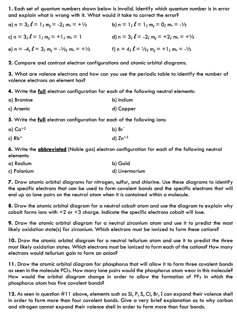 Solved 1 Each Set Of Quantum Numbers Shown Below Is