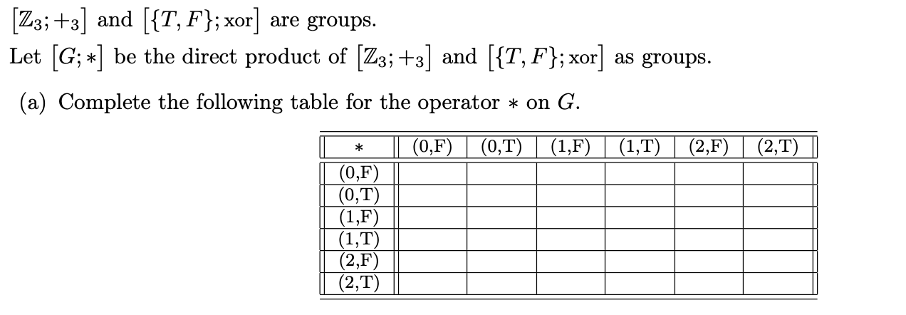 Solved [Z3; +3] and [{T, F}; xor) are groups. Let [G; *] be | Chegg.com