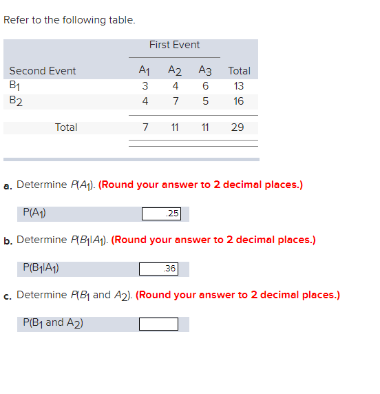 Solved Refer to the following table. First Event Second | Chegg.com