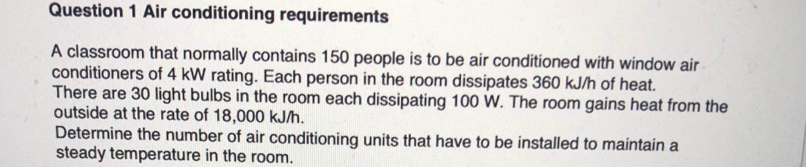 Solved Question 1 Air conditioning requirements A classroom | Chegg.com
