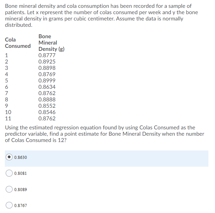 Solved Bone mineral density and cola consumption has been | Chegg.com