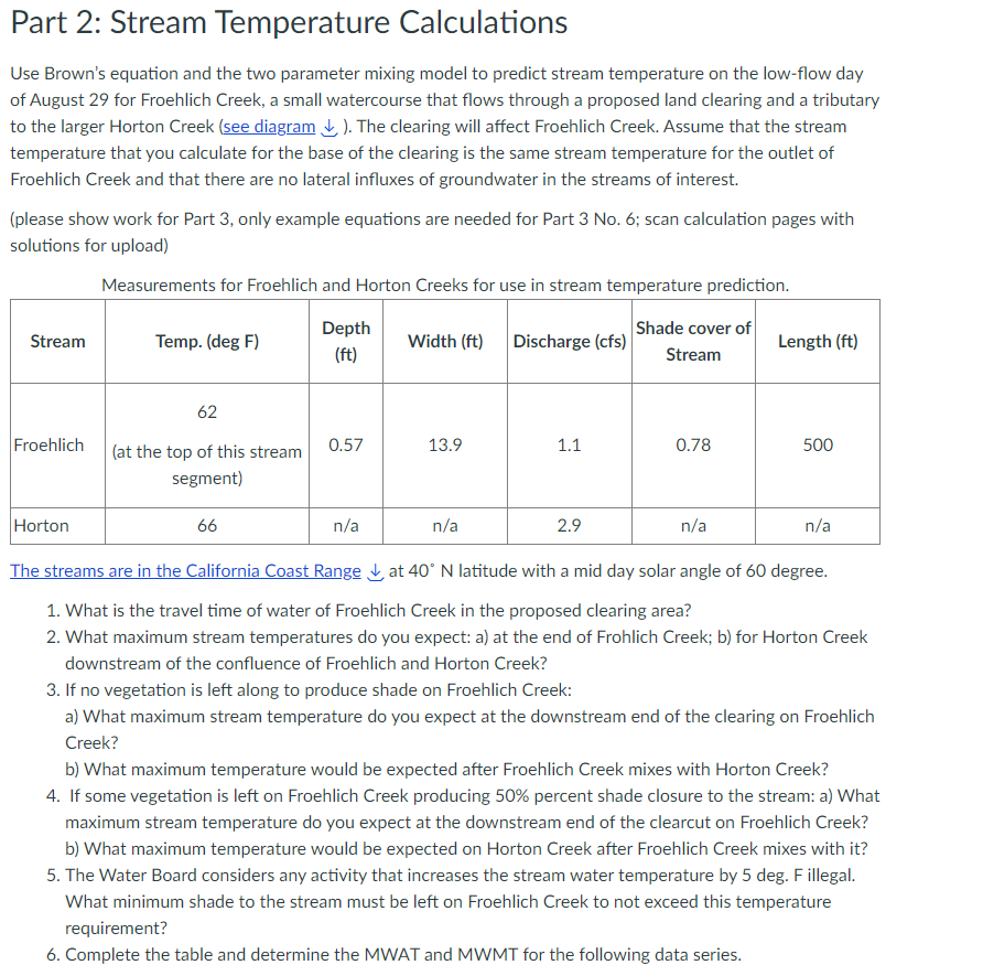 Solved Part 2: Stream Temperature Calculations Use Brown's | Chegg.com