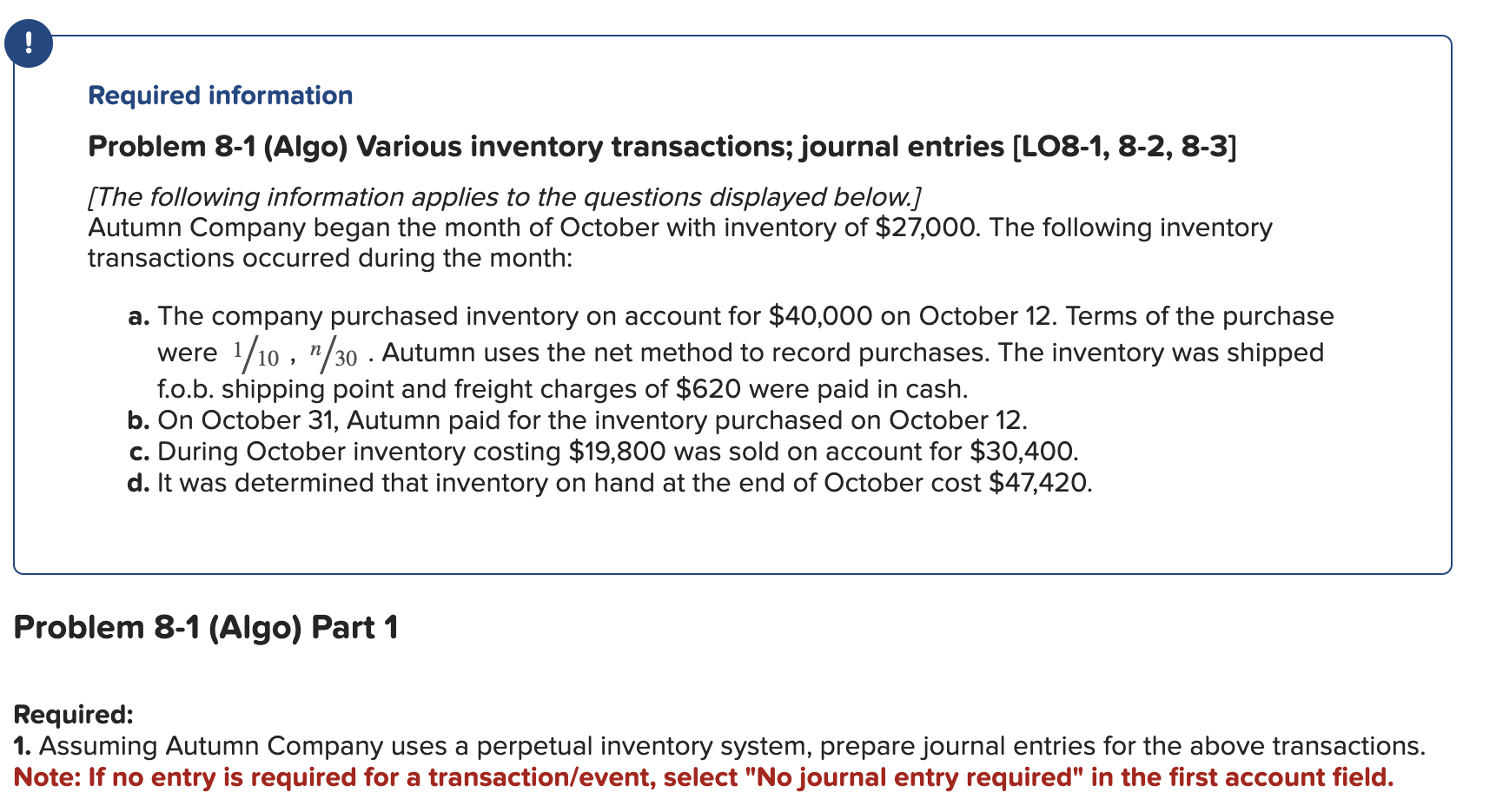 Solved Problem 8-1 (Algo) Various inventory transactions; | Chegg.com