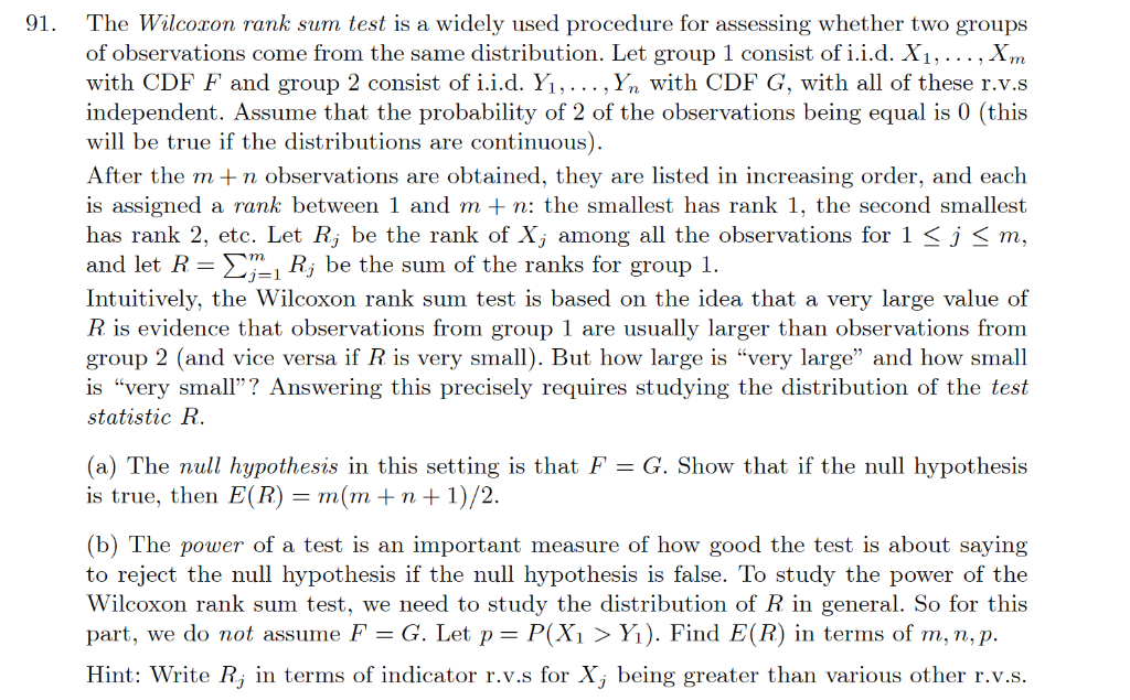 Solved The Wilcoxon rank sum test is a widely used procedure | Chegg.com