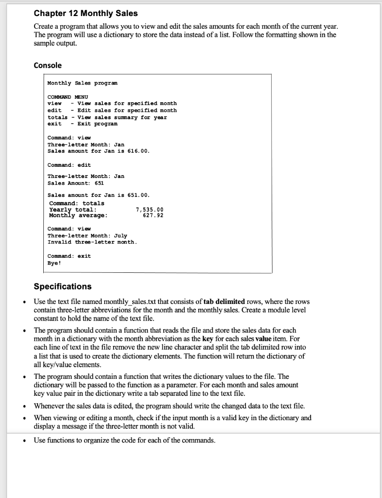 Solved Chapter 12 Monthly Sales Create a program that allows | Chegg.com