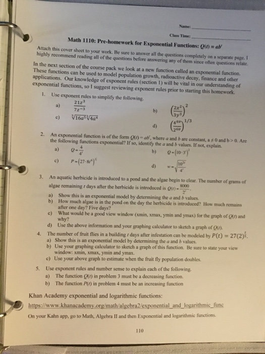 Solved Name: Class Time: Math 1110: Pre-homework for | Chegg.com