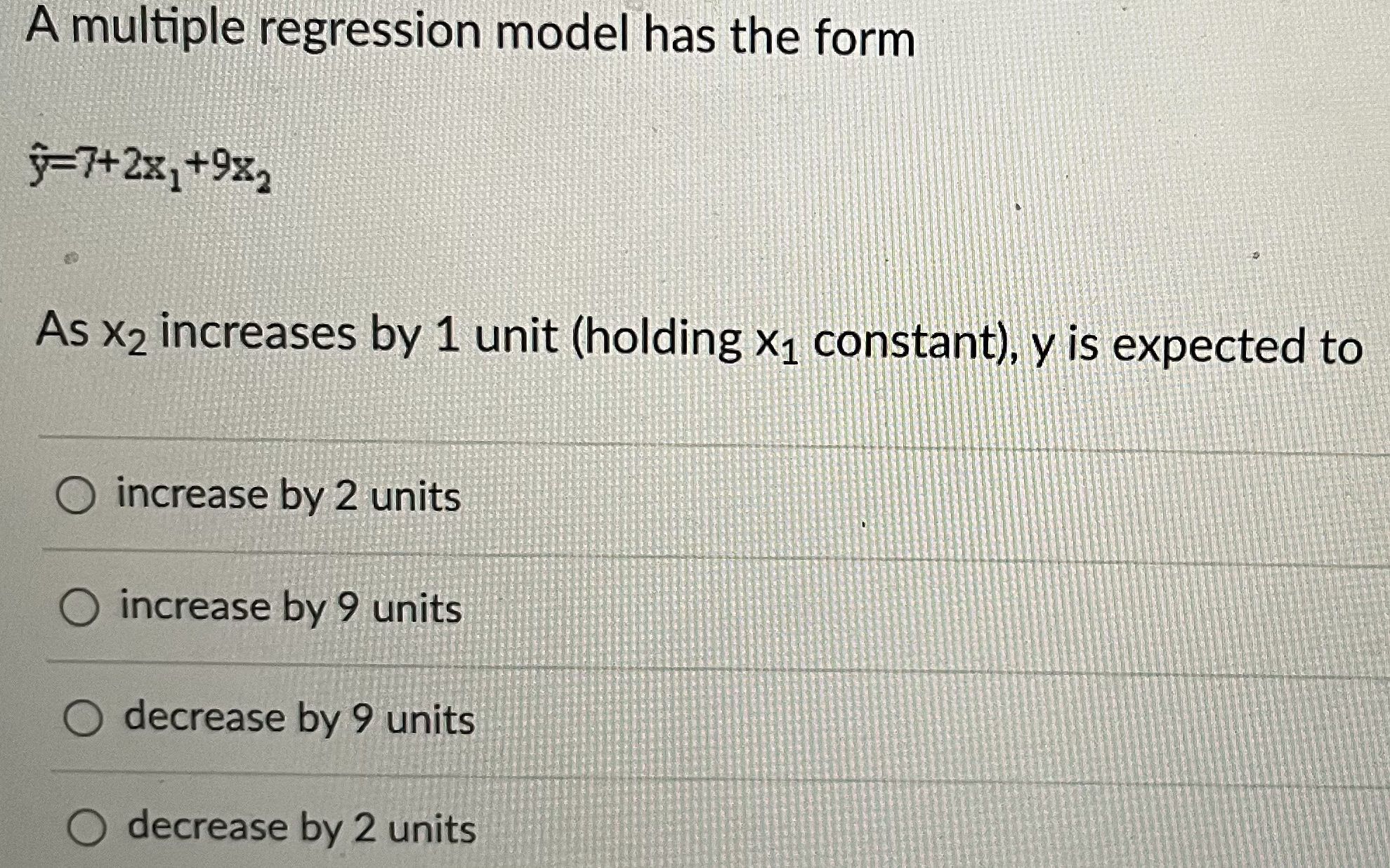 Solved A multiple regression model has the form y^=7+2x1+9x2 | Chegg.com