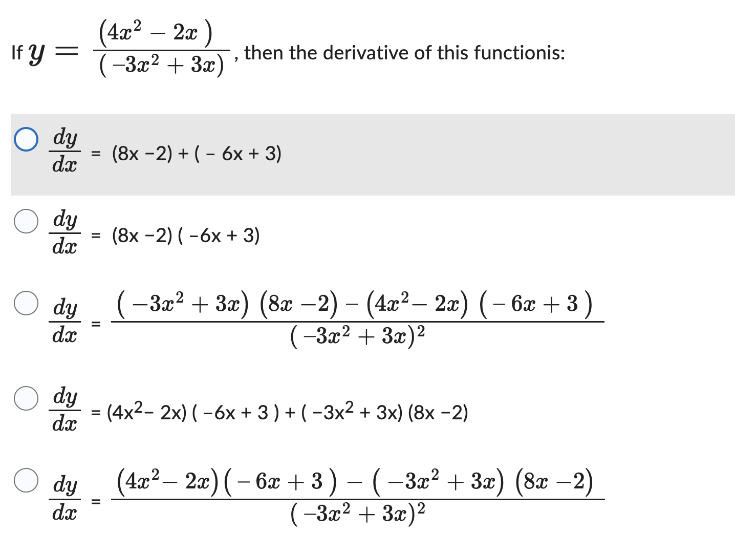 Solved y=(−3x2+3x)(4x2−2x), then the derivative of this | Chegg.com