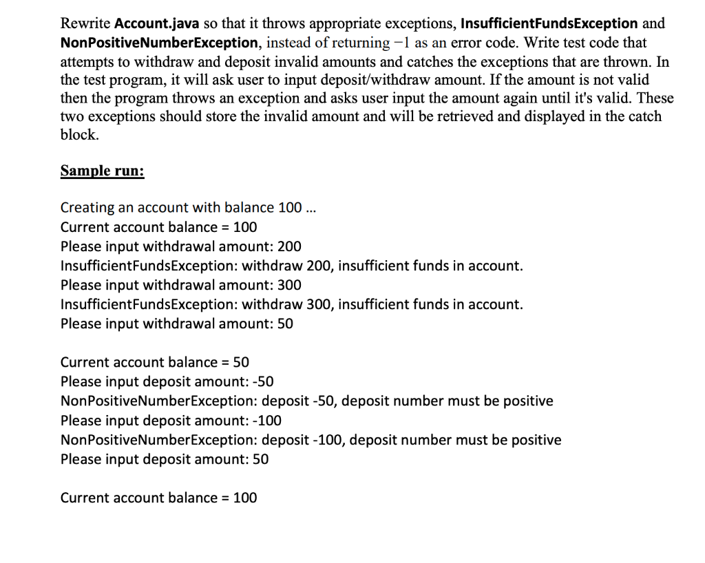 Solved Rewrite Account.java so that it throws appropriate | Chegg.com
