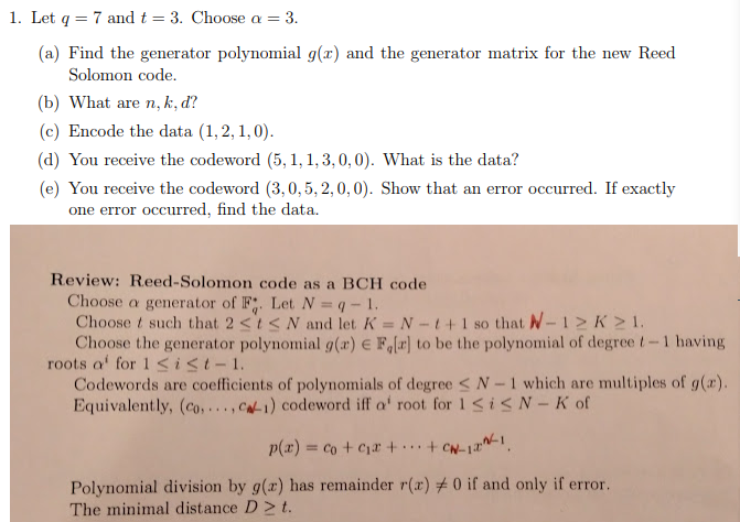 [Solved]Let Q 7 T 3 Choose 3 Find Generator Polynomial G X Generator ...