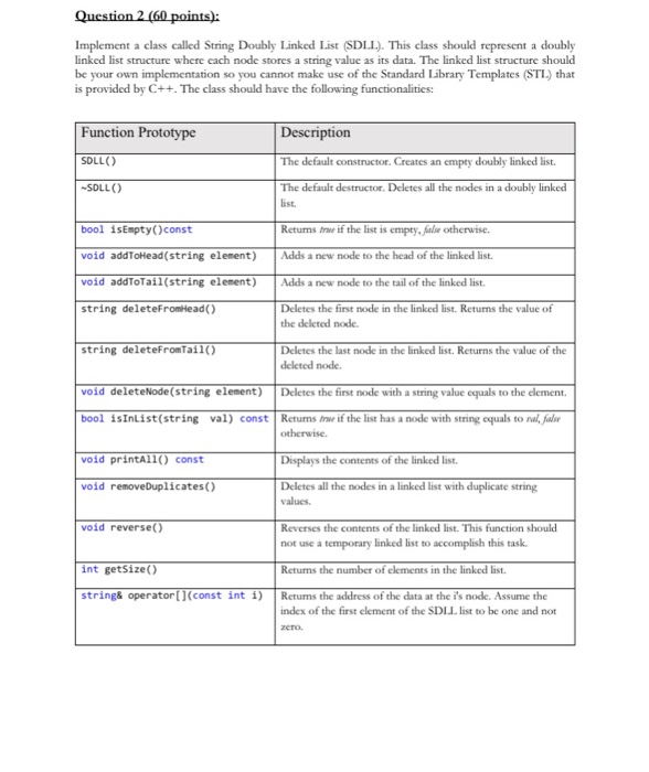 Solved Question 2 (60 points): Implement a class called | Chegg.com