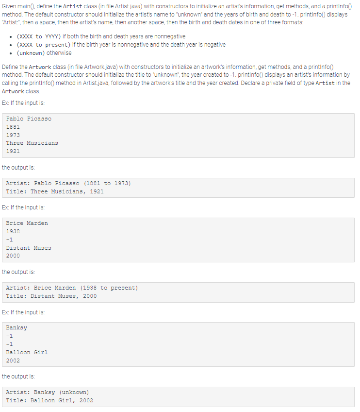 Solved Given main(), define the Artist class (in file | Chegg.com