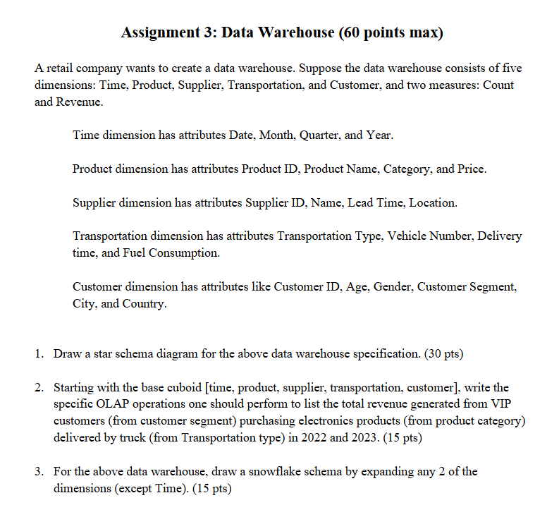 Solved Assignment 3: Data Warehouse (60 ﻿points max)A retail | Chegg.com