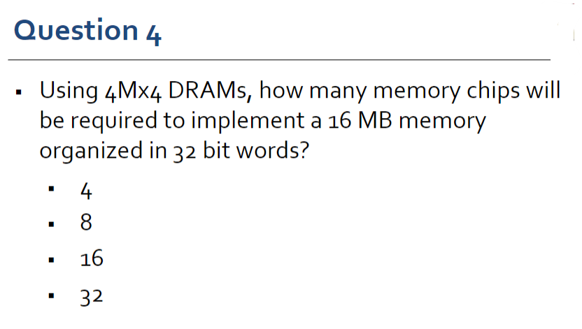 Solved Question 4 Using 4Mx4 DRAMs, how many memory chips | Chegg.com