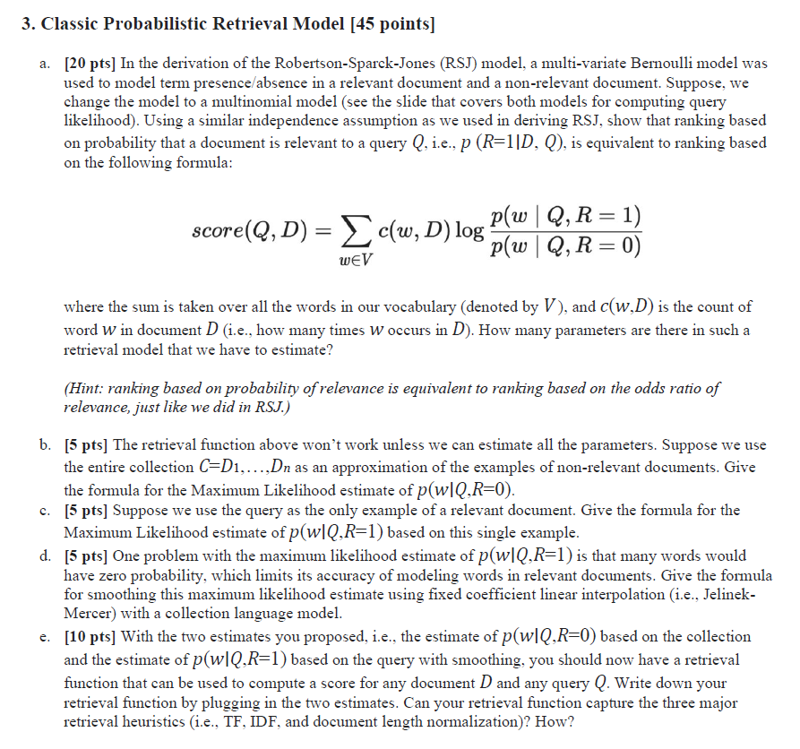 3. Classic Probabilistic Retrieval Model [45 points] | Chegg.com