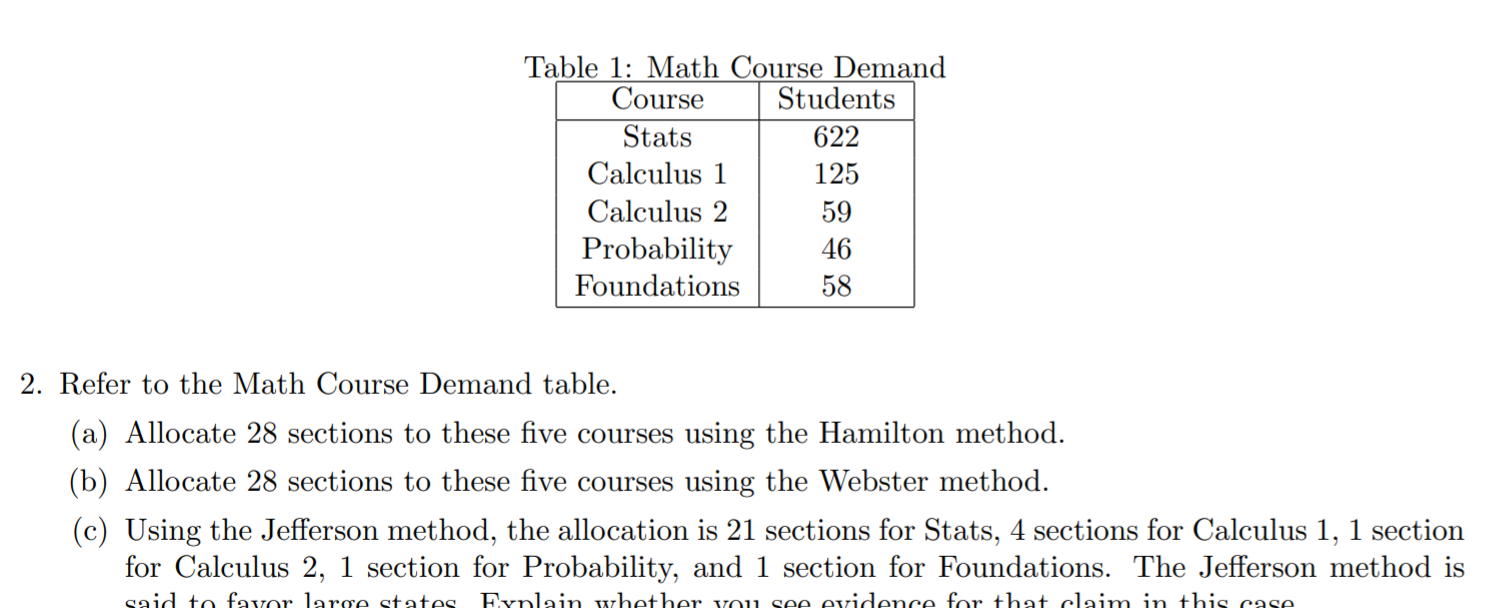 Solved 622 Table 1: Math Course Demand Course Students Stats | Chegg.com