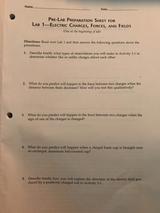 Solved Na Date PRE-LAB PREPARATION SHEET FOR LAB 1-ELECTRIC | Chegg.com