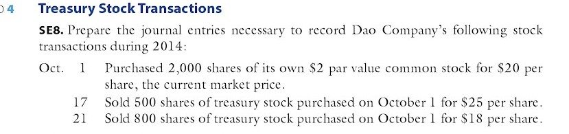 Solved 4 Treasury Stock Transactions SE8. Prepare the | Chegg.com