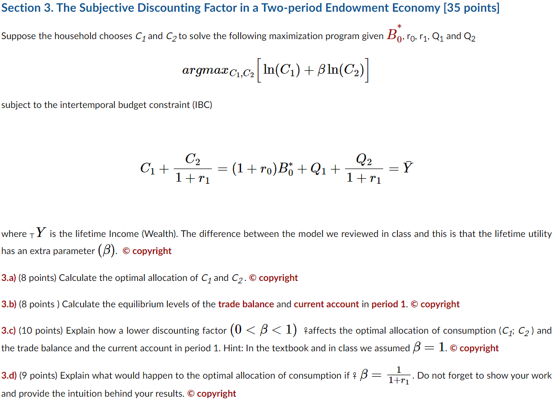 Solved Section 3. The Subjective Discounting Factor in a | Chegg.com