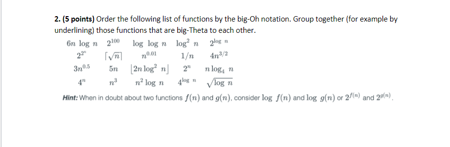 Solved 2. (5 points) Order the following list of functions | Chegg.com
