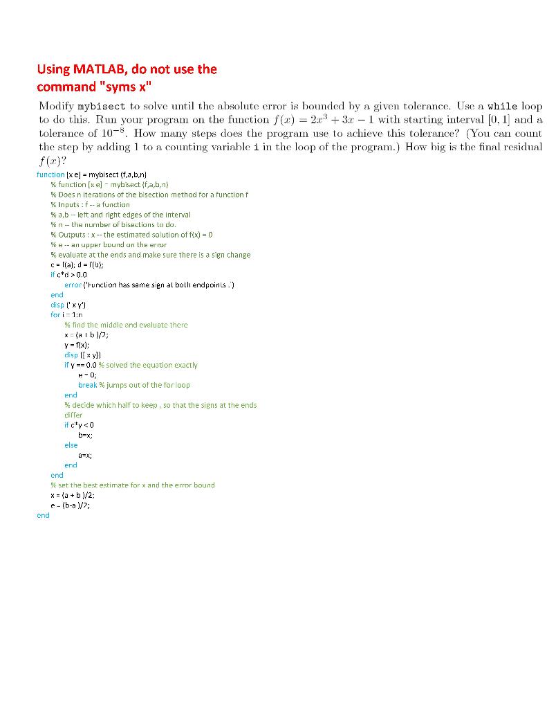 Solved Using Matlab Do Not Use The Command Syms X Modify 