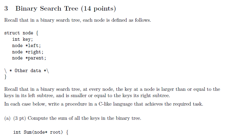Solved 3 Binary Search Tree (14 points) Recall that in a | Chegg.com