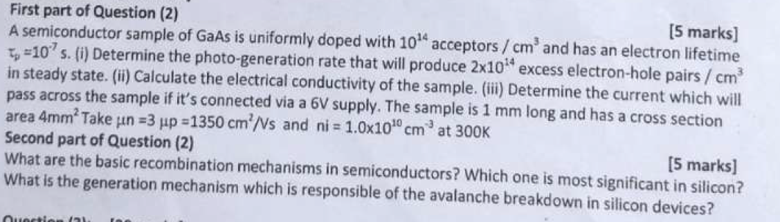 Solved First part of Question (2) A semiconductor sample of | Chegg.com