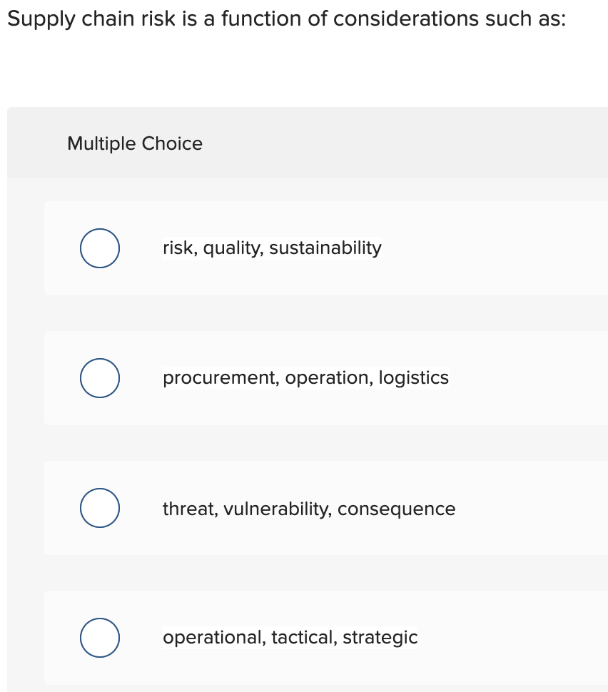 Solved Supply chain risk is a function of considerations | Chegg.com