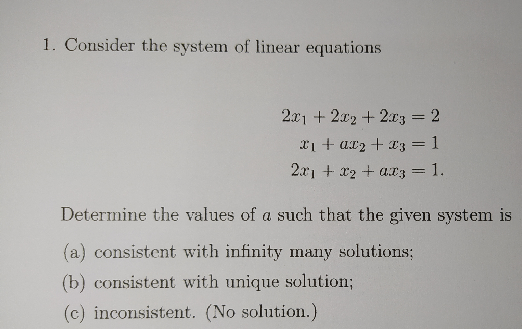 Solved 1. Consider the system of linear equations 2x1 + 2x2 | Chegg.com