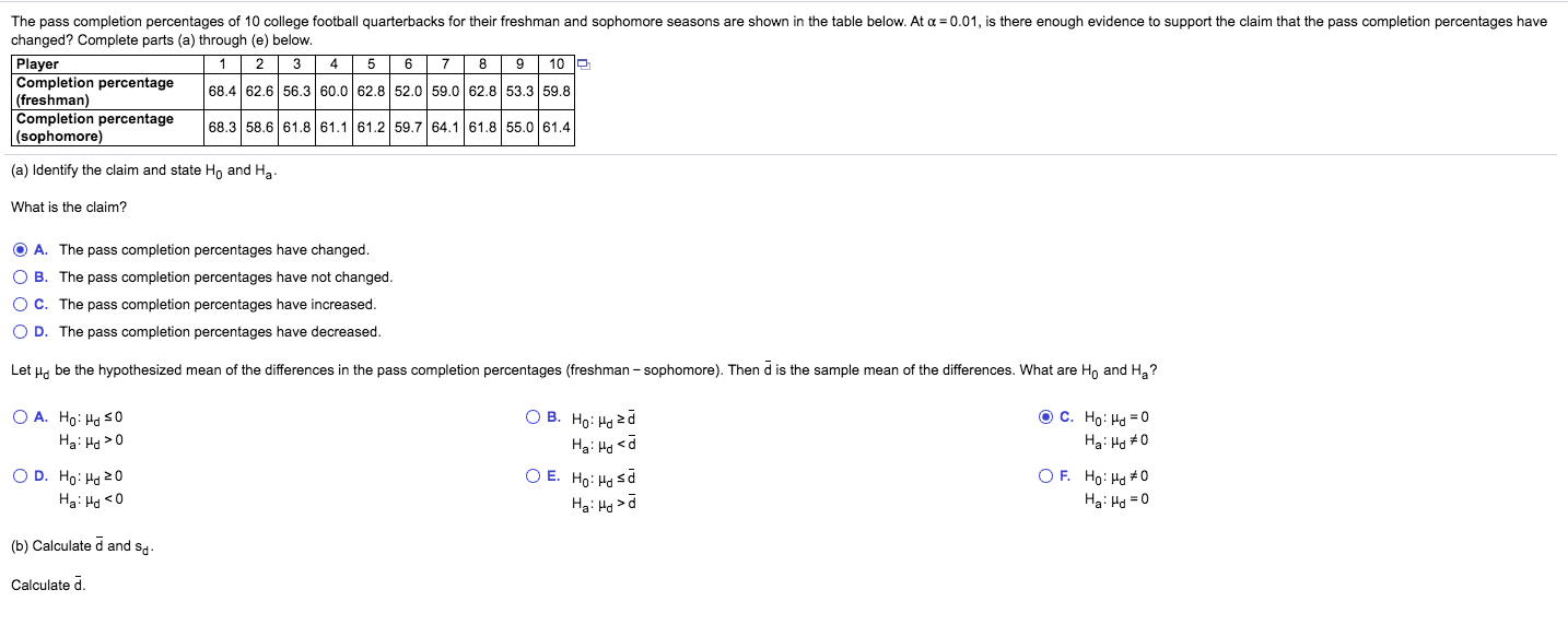 Solved The pass completion percentages of 10 college | Chegg.com