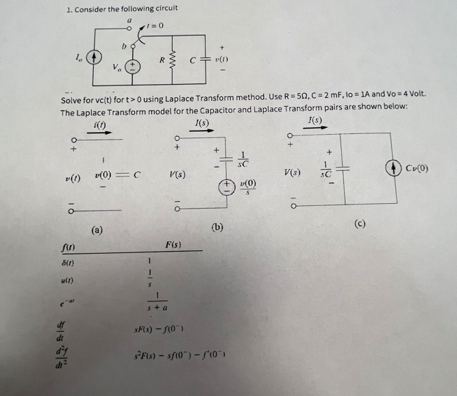Solved 1. Consider the following circuit Solve for vc(t) for | Chegg.com