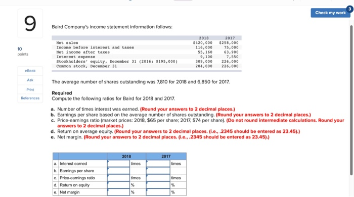 Solved Check my work 9 Baird Company's income statement | Chegg.com