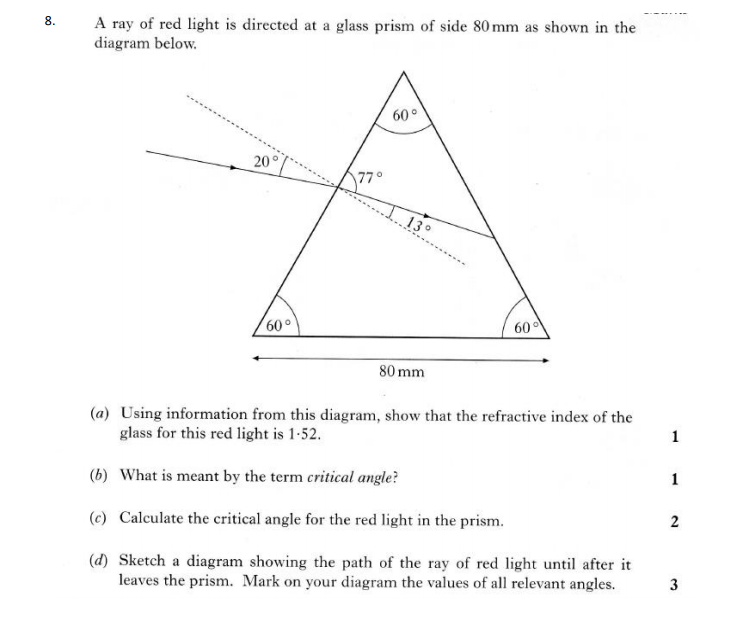 Solved 8. A ray of red light is directed at a glass prism of | Chegg.com