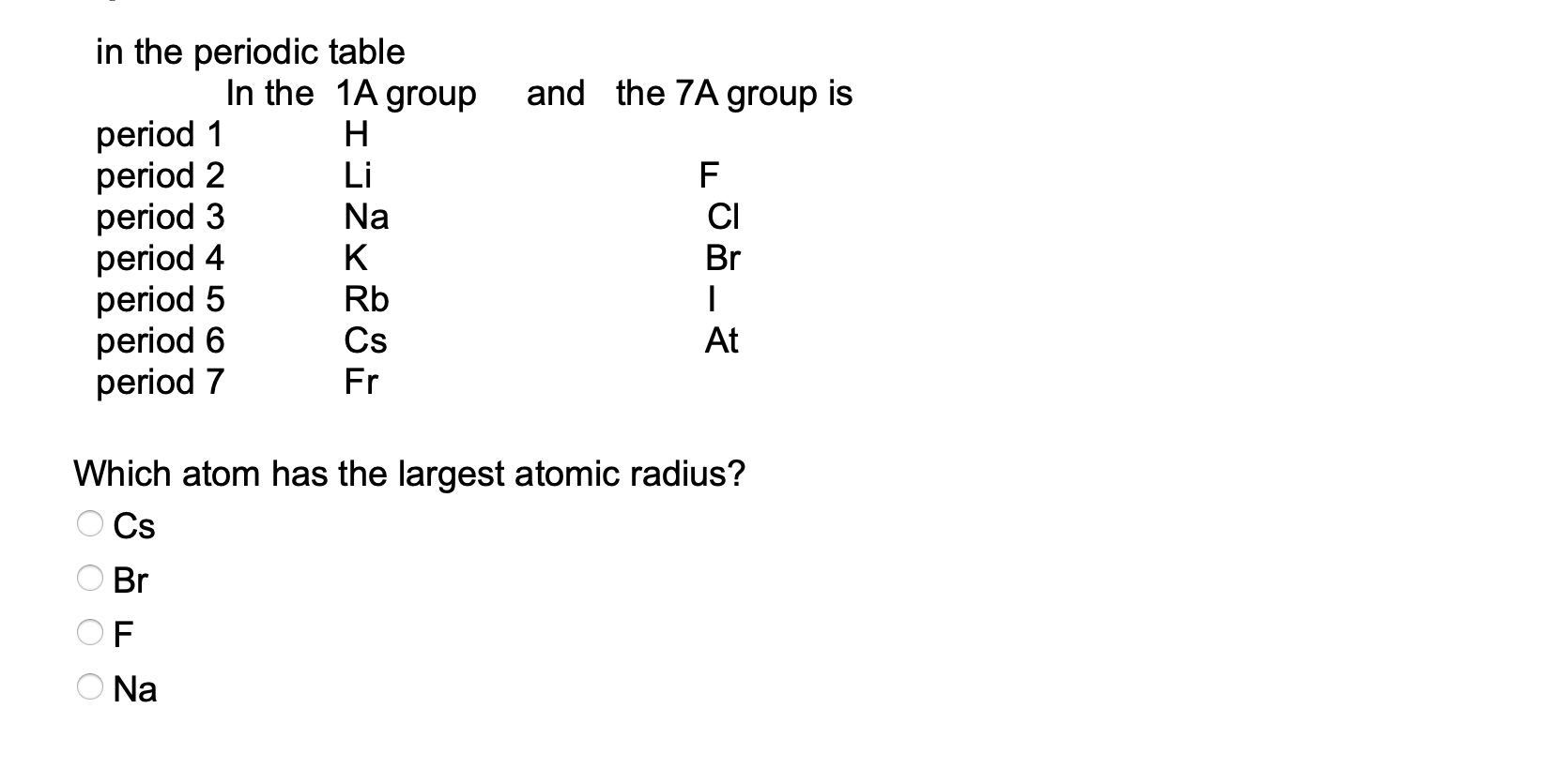 Solved and the 7A group is in the periodic table In the 1A | Chegg.com