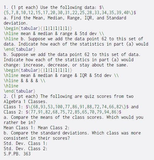 Solved 1. (1 pt each) Use the following data: $\ | Chegg.com