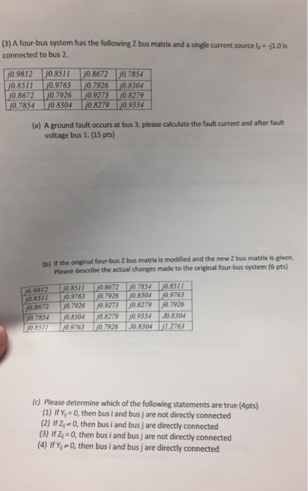 Solved (3) A four-bus system has the following Z bus matrix | Chegg.com