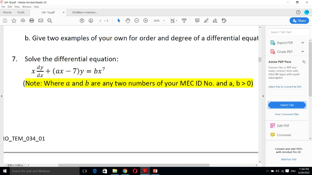 Solved X EM-18.pdt - Adobe Acrobat Reader DC File Edit View | Chegg.com
