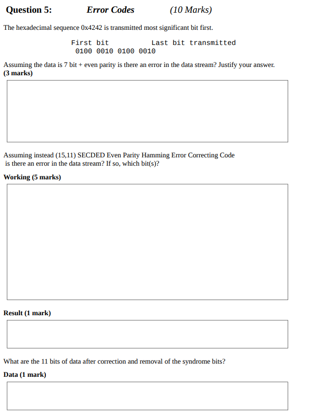 Question 5: Error Codes (10 Marks) The hexadecimal | Chegg.com