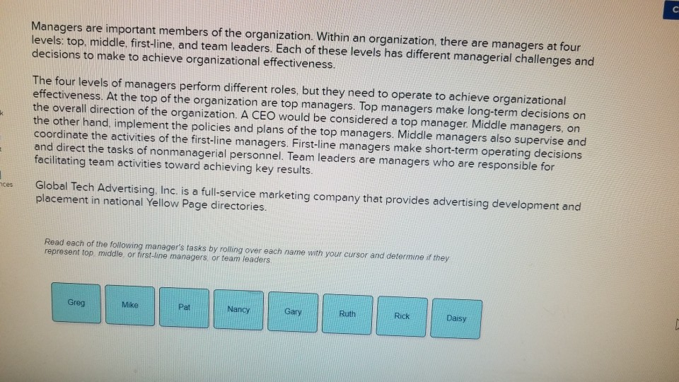 Managers are important members of the organization. | Chegg.com
