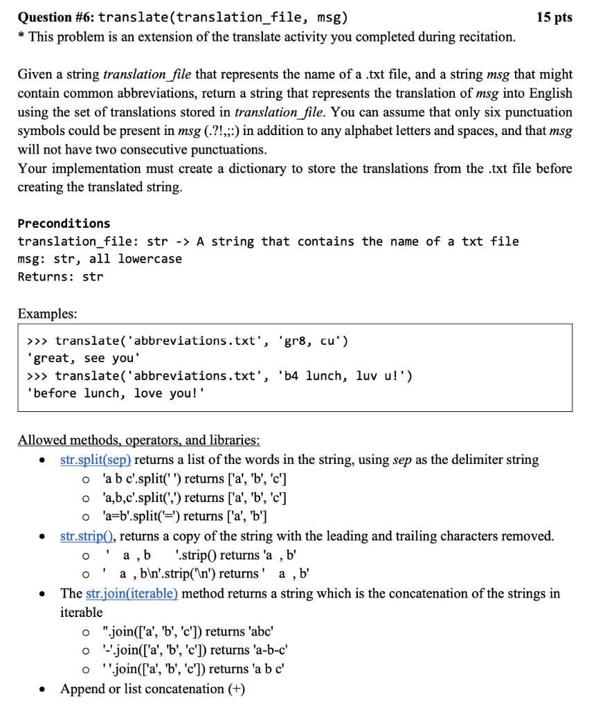 Solved Question #6: translate(translation_file, msg) 15 pts | Chegg.com
